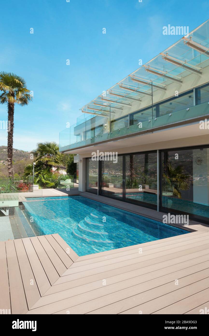 architecture, modern house, beautiful patio with pool, outdoor Stock ...