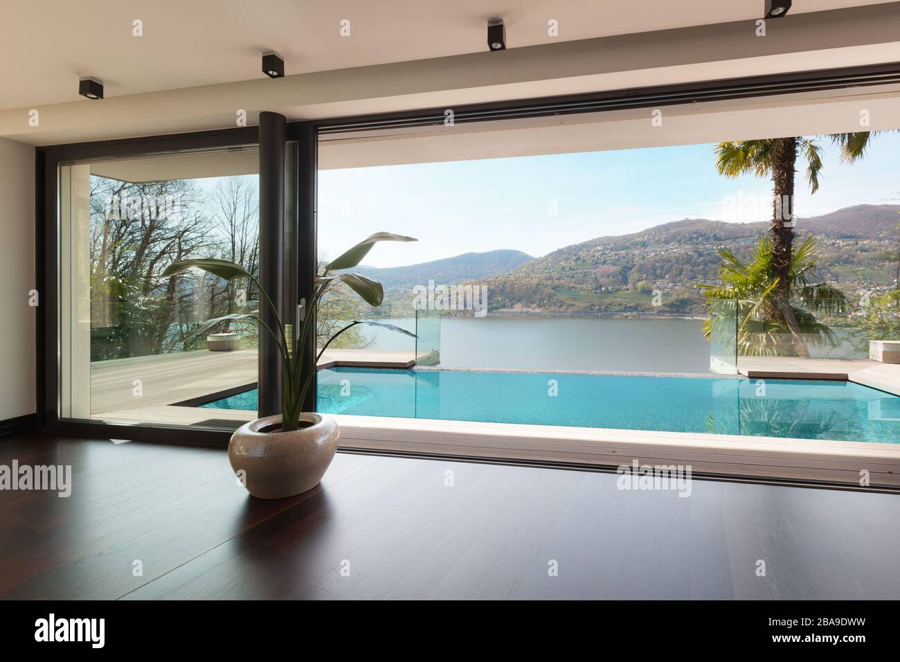 architecture, modern house, pool view from the living room Stock Photo ...