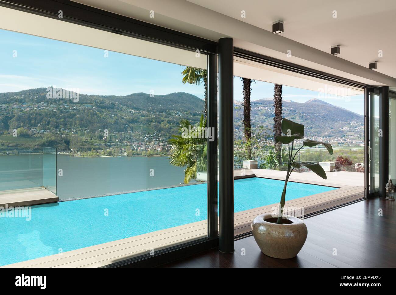 architecture, modern house, pool view from the living room Stock Photo ...