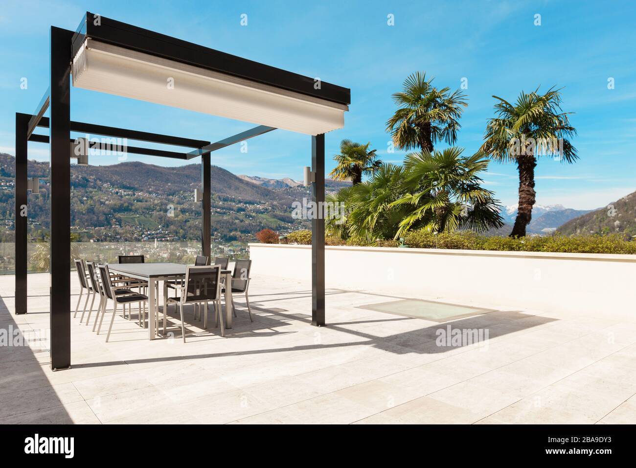 architecture, modern house, beautiful veranda overlooking the lake ...