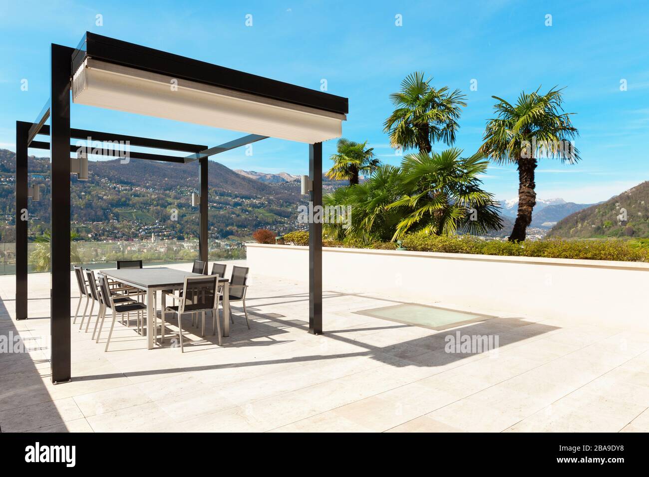 architecture, modern house, beautiful veranda overlooking the lake ...