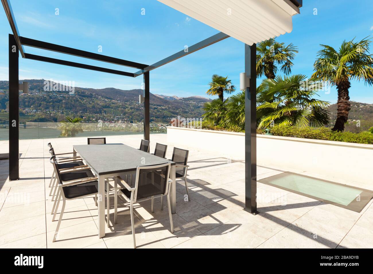architecture, modern house, beautiful veranda overlooking the lake ...