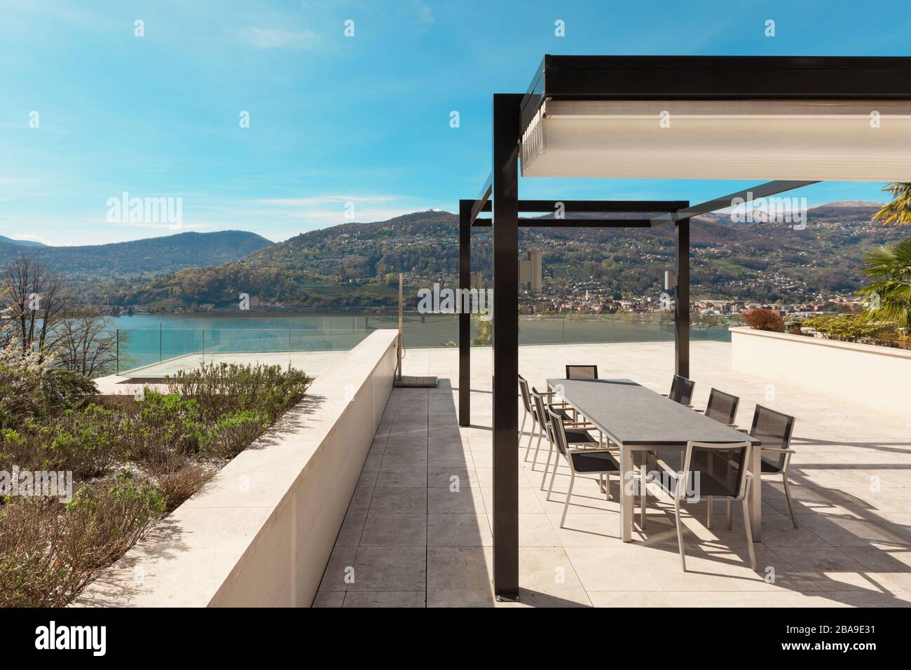 architecture, modern house, beautiful veranda overlooking the lake ...