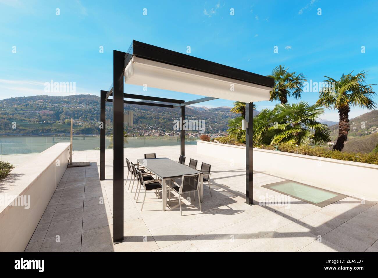 architecture, modern house, beautiful veranda overlooking the lake ...