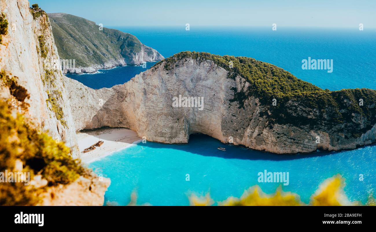 Panoramic view of Navagio beach, Zakynthos island, Greece. Shipwreck ...