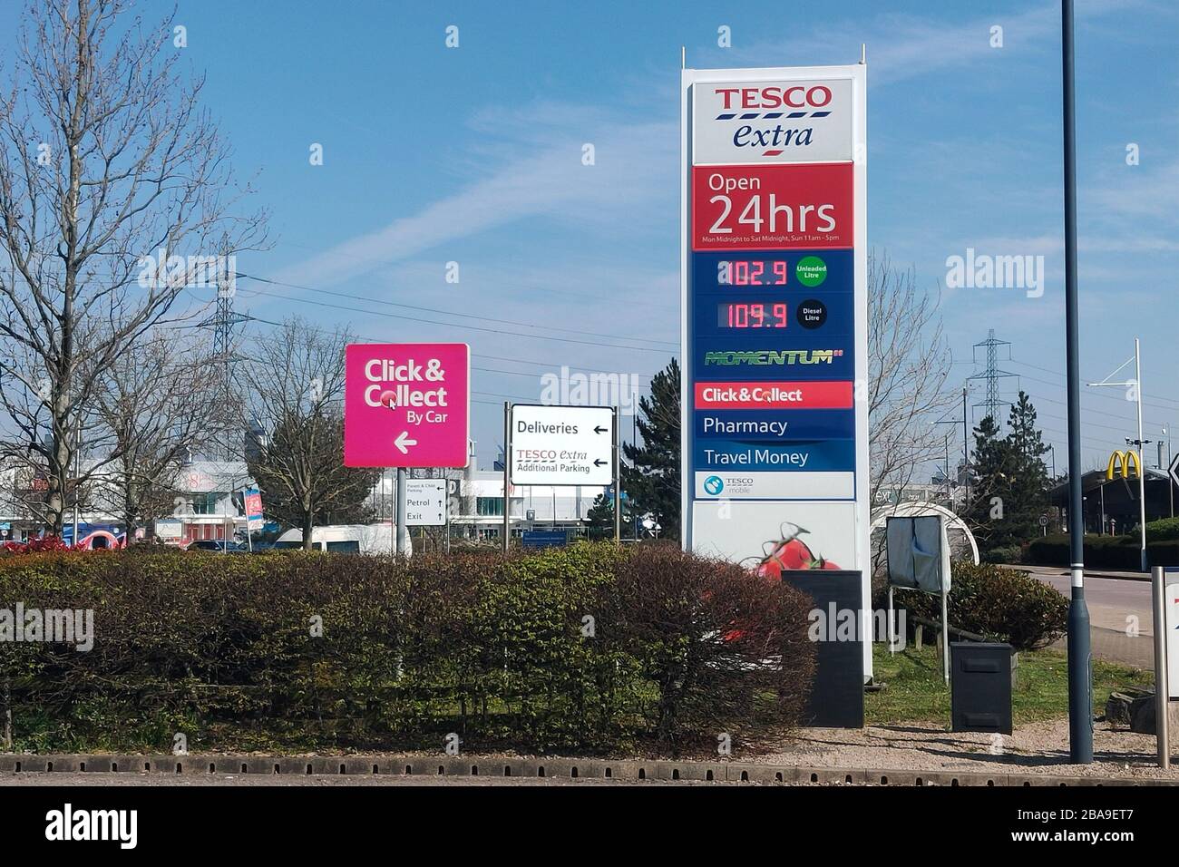 A sign displaying the reduced price of fuel outside Tesco at Galleons ...