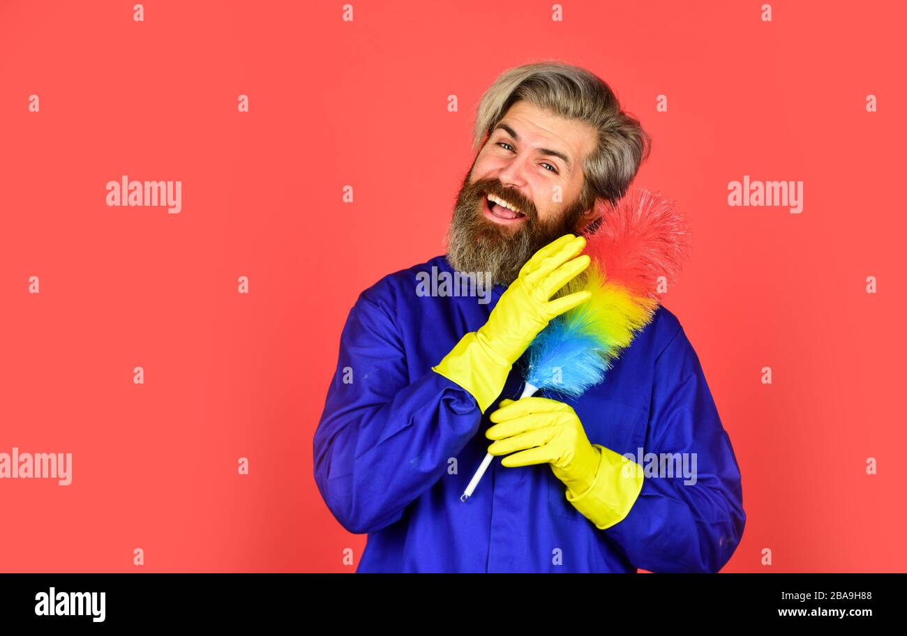 Dust allergy. Polypropylene duster. Hipster holding cleaning tool ...