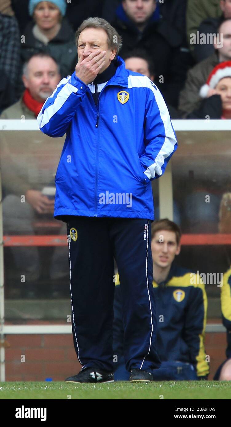Leeds United manager Neil Warnock watches from the dugout Stock Photo ...