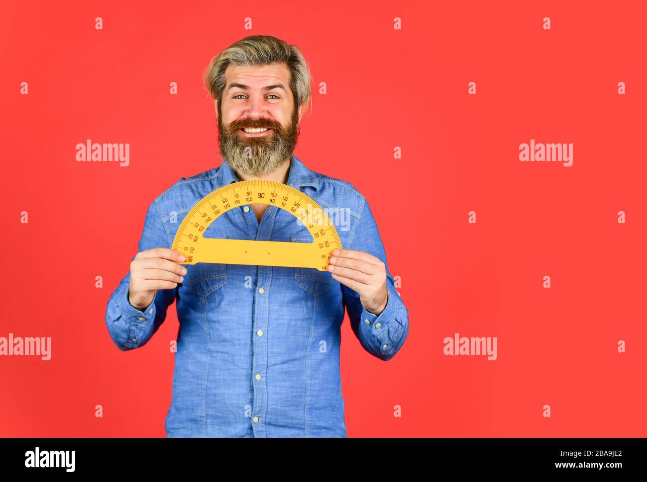 man teacher use protractor tool. bearded tutor man with ruler. draw and ...
