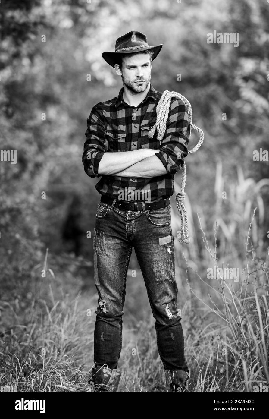 Cowboys are gentlemen. wild west rodeo. man in hat outdoor. man ...