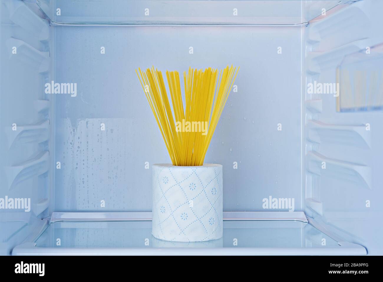 Rolls of toilet paper and spaghetti on shelf in fridge as symbol of ...