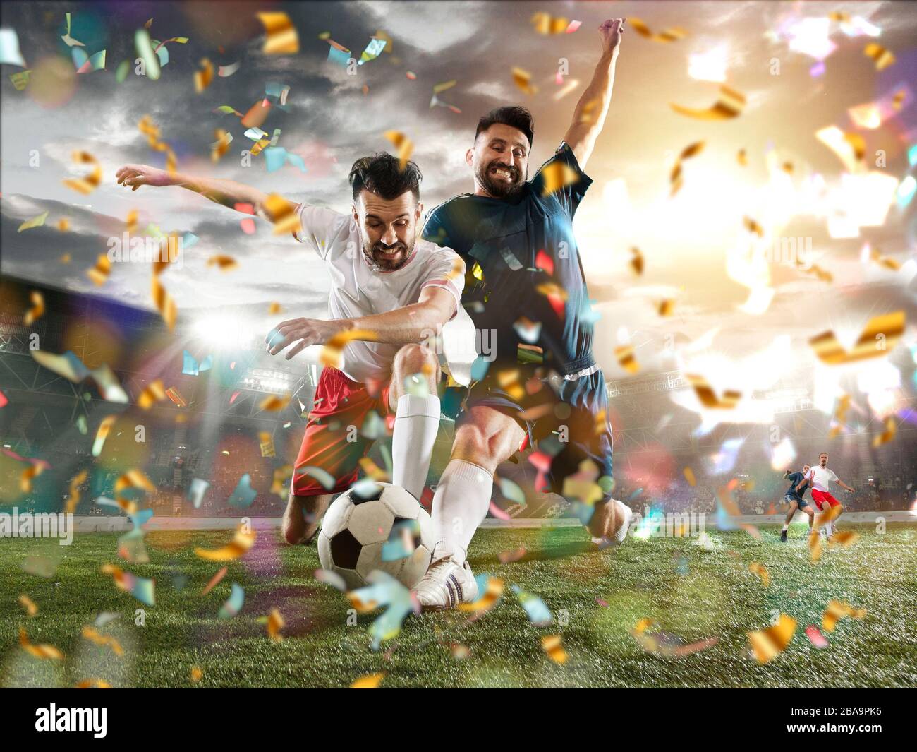 Fight for goal, reach cup. Professional sportsmen caught in moment of ...