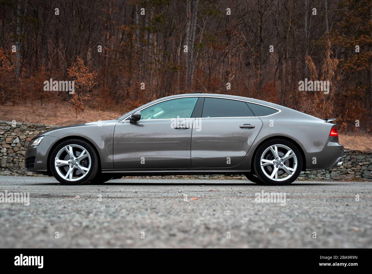 Close up photo of front side Audi A7 sports car with matrix led ...