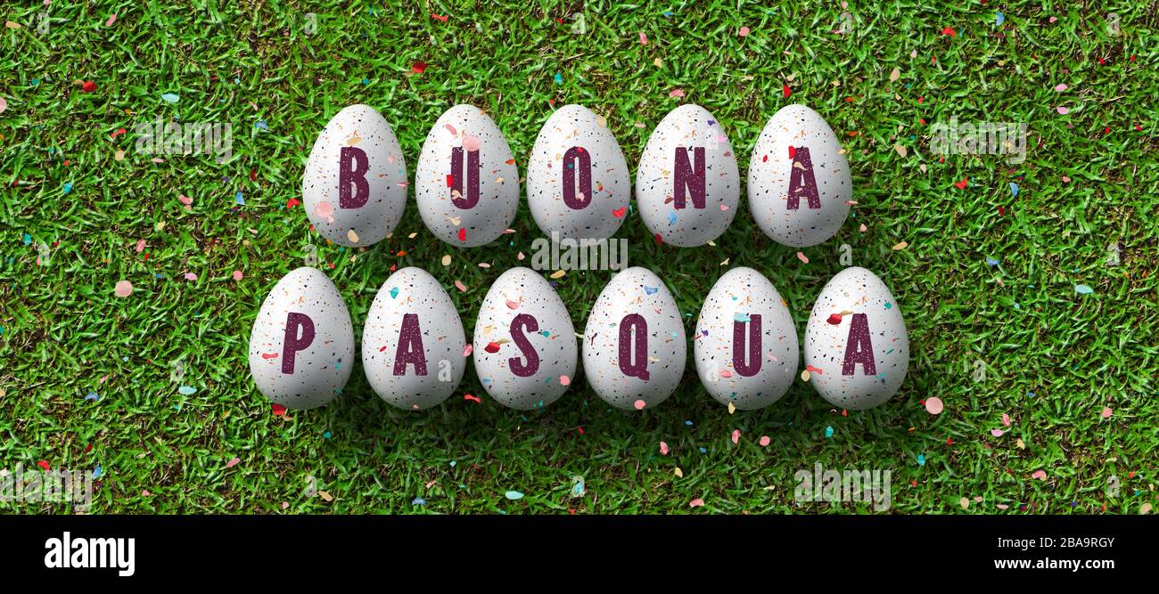 Easter Eggs with message HAPPY EASTER in Italian on grass background ...