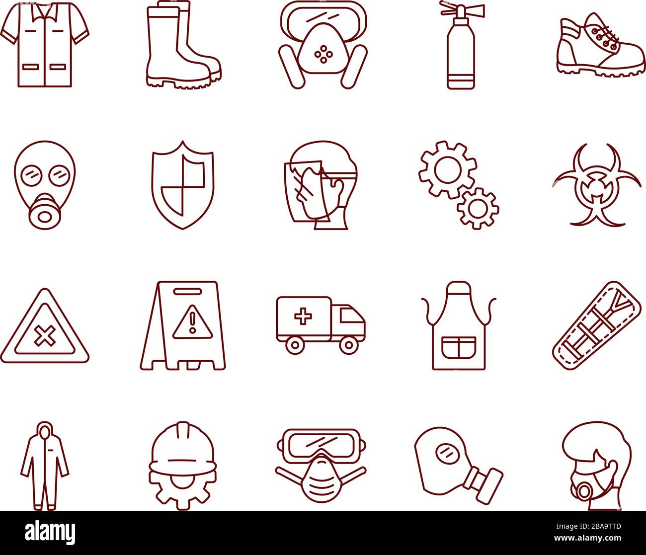 clothes and industrial security icon set over white background, line ...