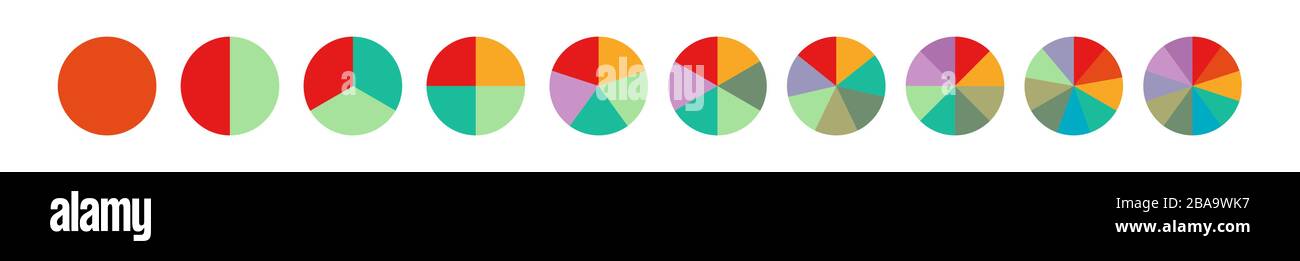 set of colored pie charts for 1,2,3,4,5,6,7,8,9,10 steps or sections to ...