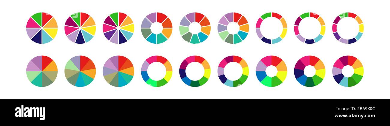 set of colored pie charts for 8,9,10 steps or sections to illustrate a ...