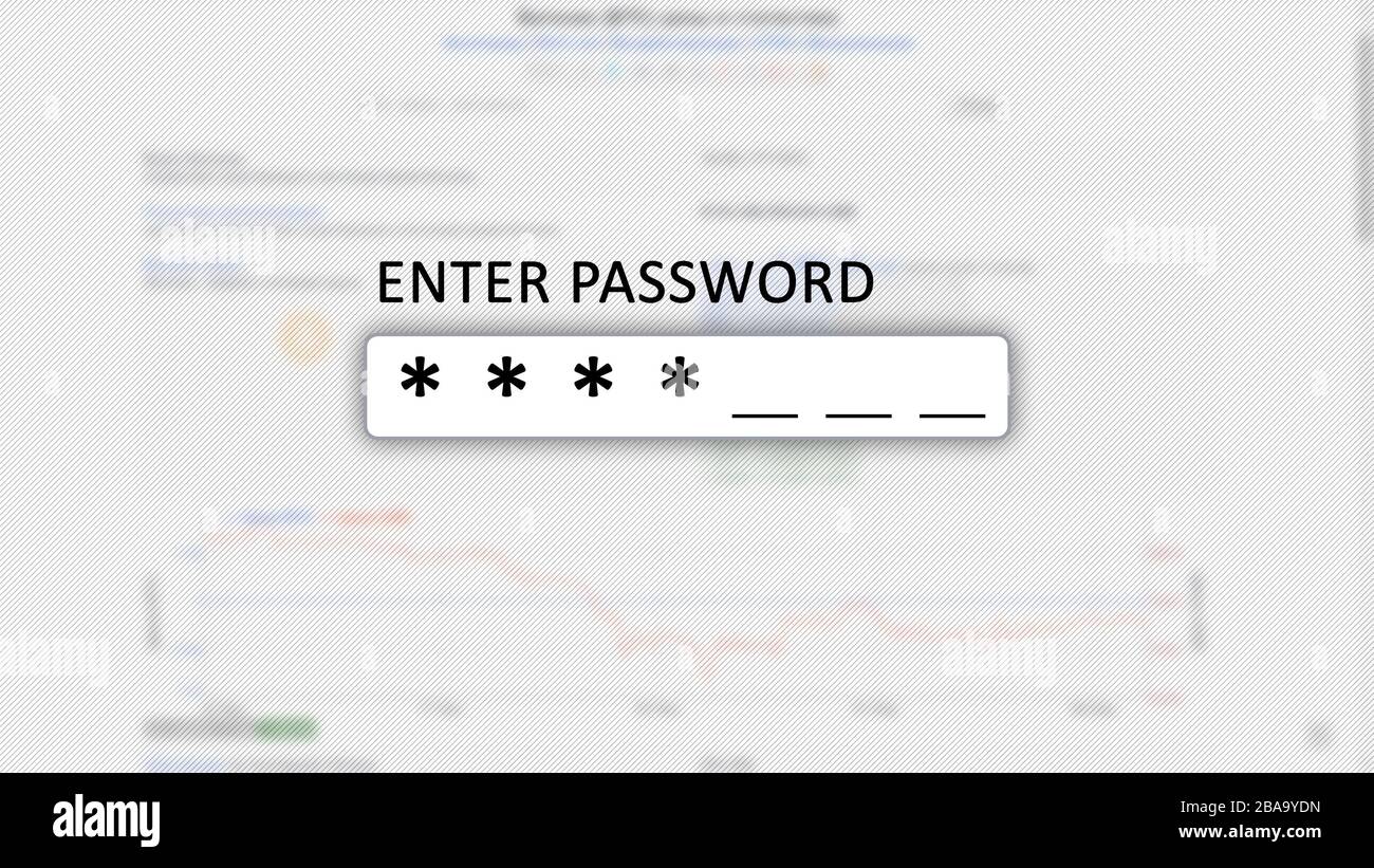 Screen concept with password entry field. Black text. Asterisks and underscores. Light blurred ...