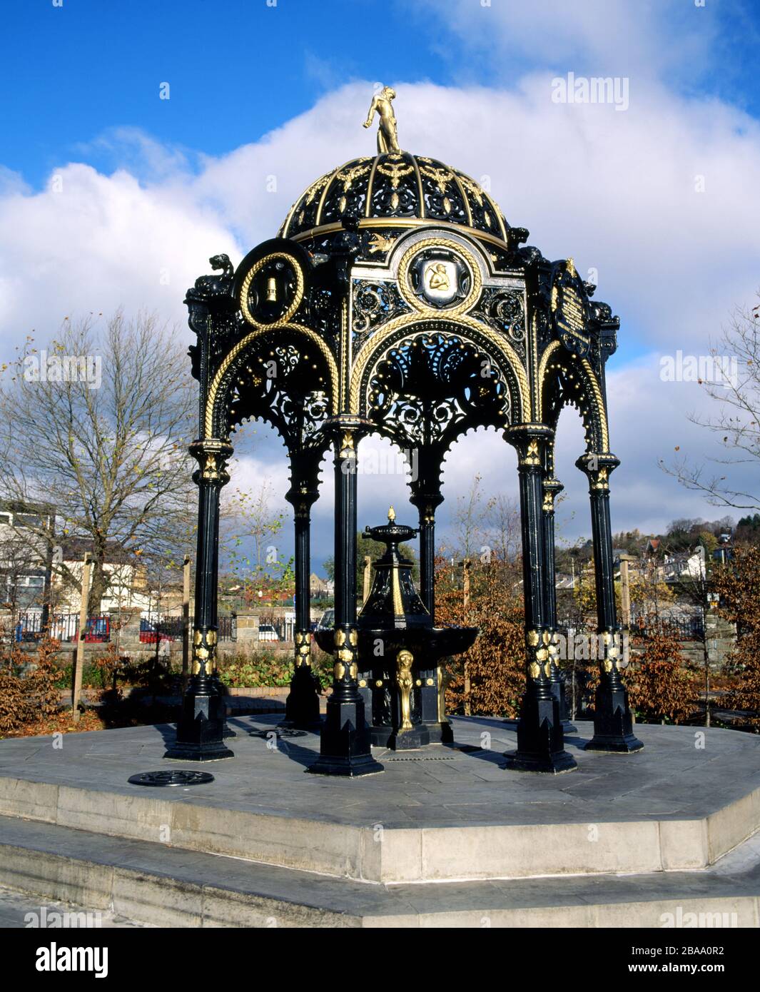 Elaborate wrought iron water fountain dedicated to Robert and Lucy ...