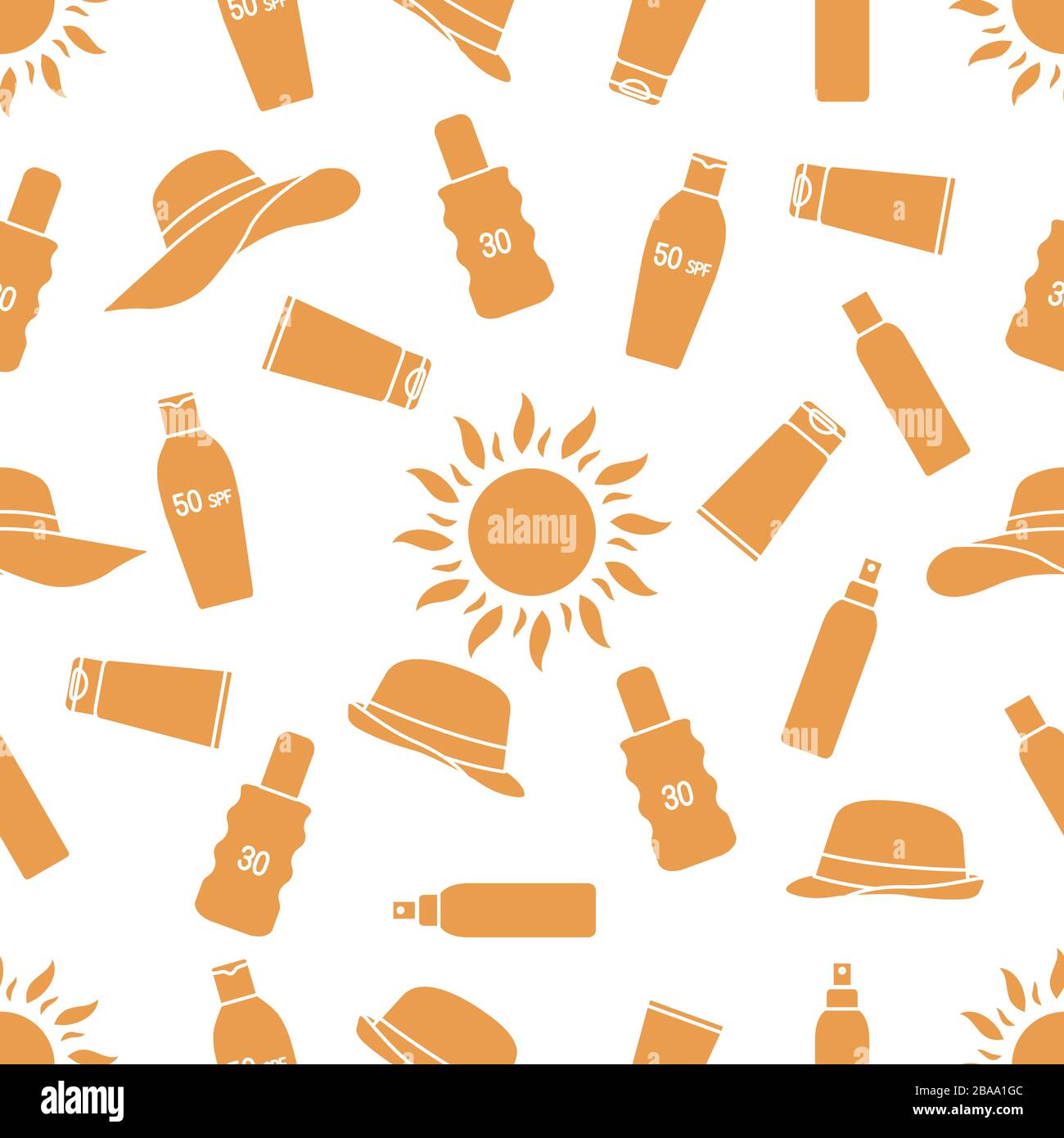 Vector seamless pattern Travel illustration Sun, sun hats, sunscreen cream, lotion, milk Skin ...