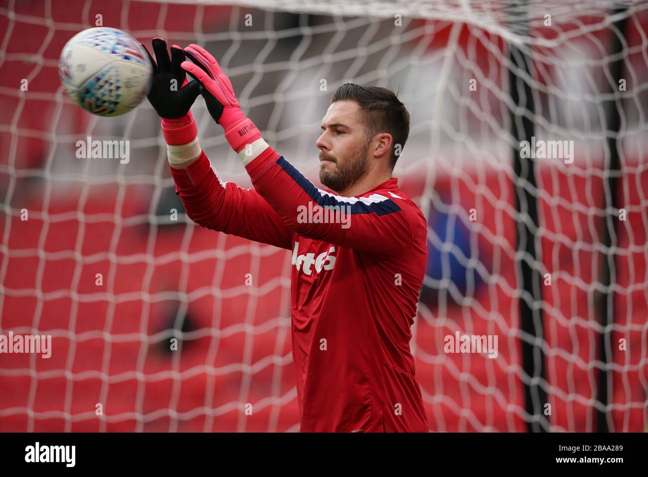 Stoke City goalkeeper Jack Butland warming up prior to kick-off Stock ...