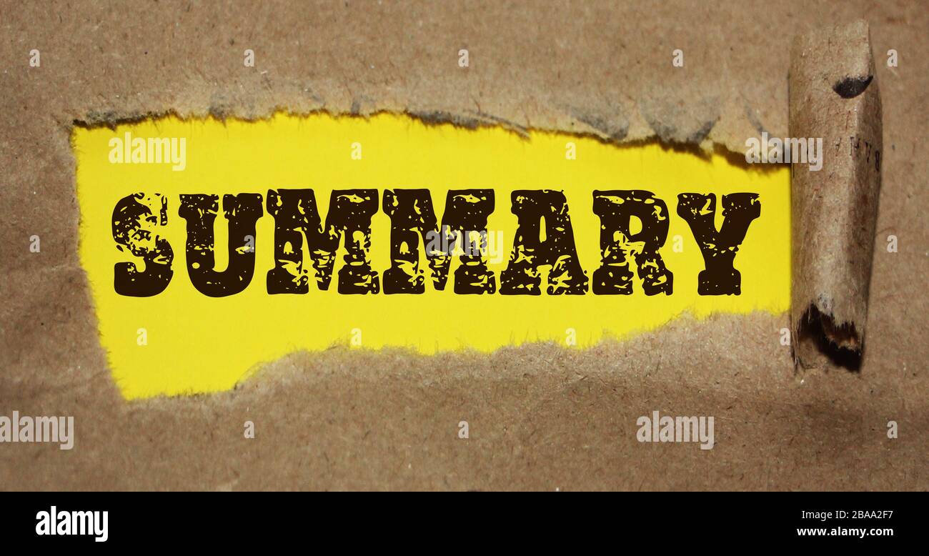 Summary text under torn brown paper. Conclusion results payoff concept ...