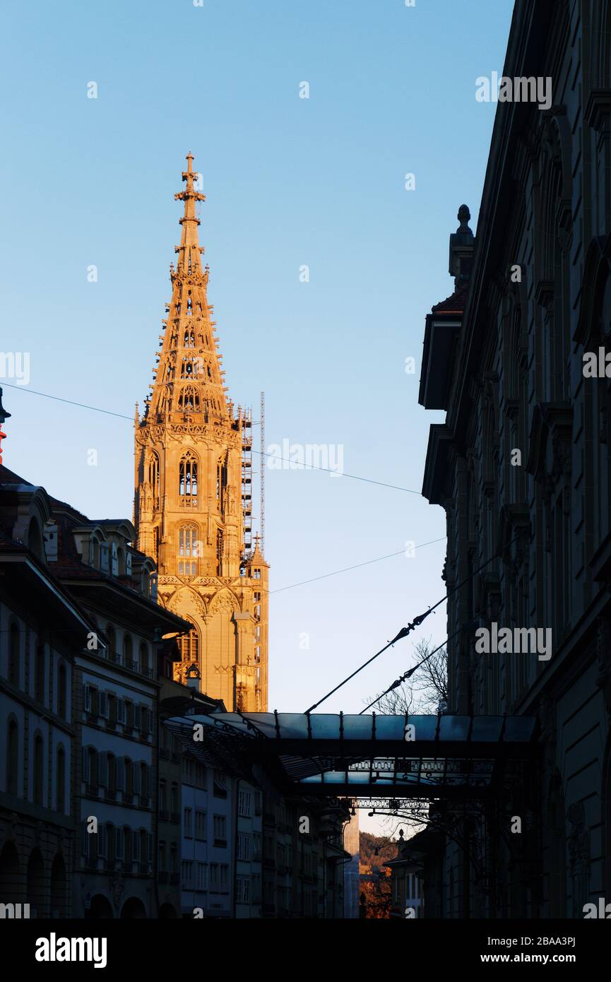 View of gold color Cathedral of Bern and silhouette of street at sunset ...