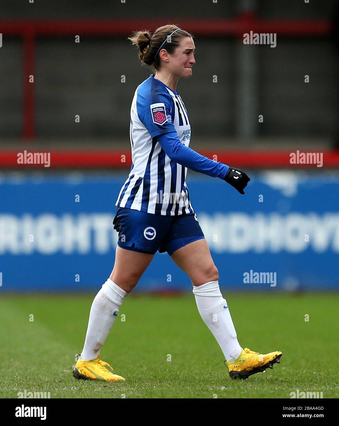 Brighton and Hove Albion Lea Le Garrec walks off the pitch after shown ...