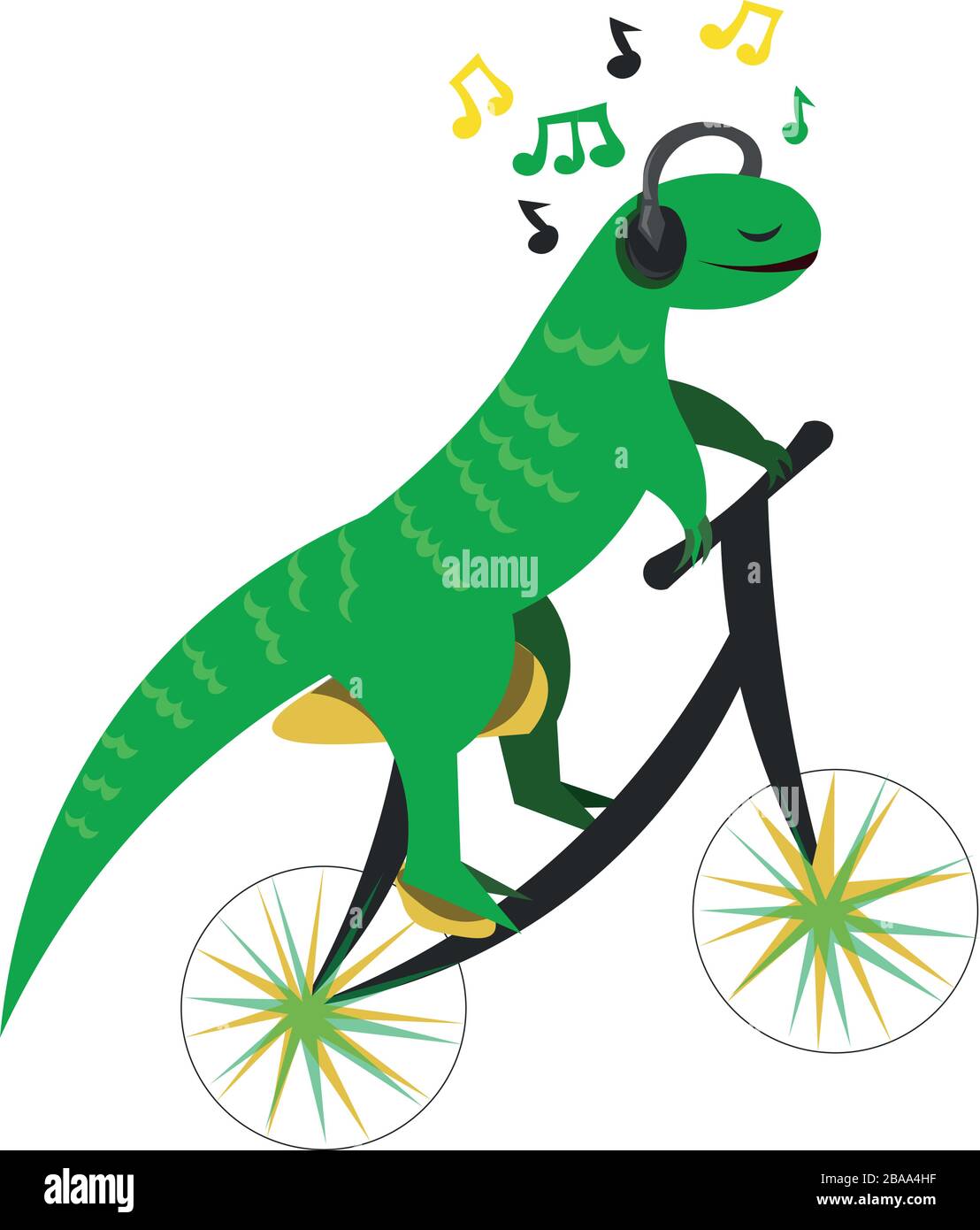 A lizard on a bicycle listens to music. Cute poster, print. Design for ...