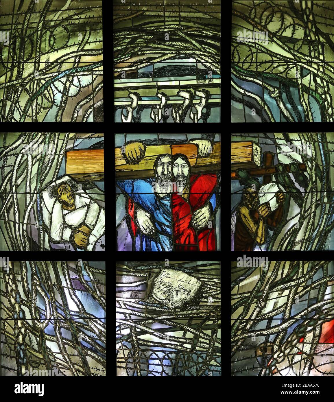 Simon of Cyrene carries the cross, stained glass window by Sieger Koder ...