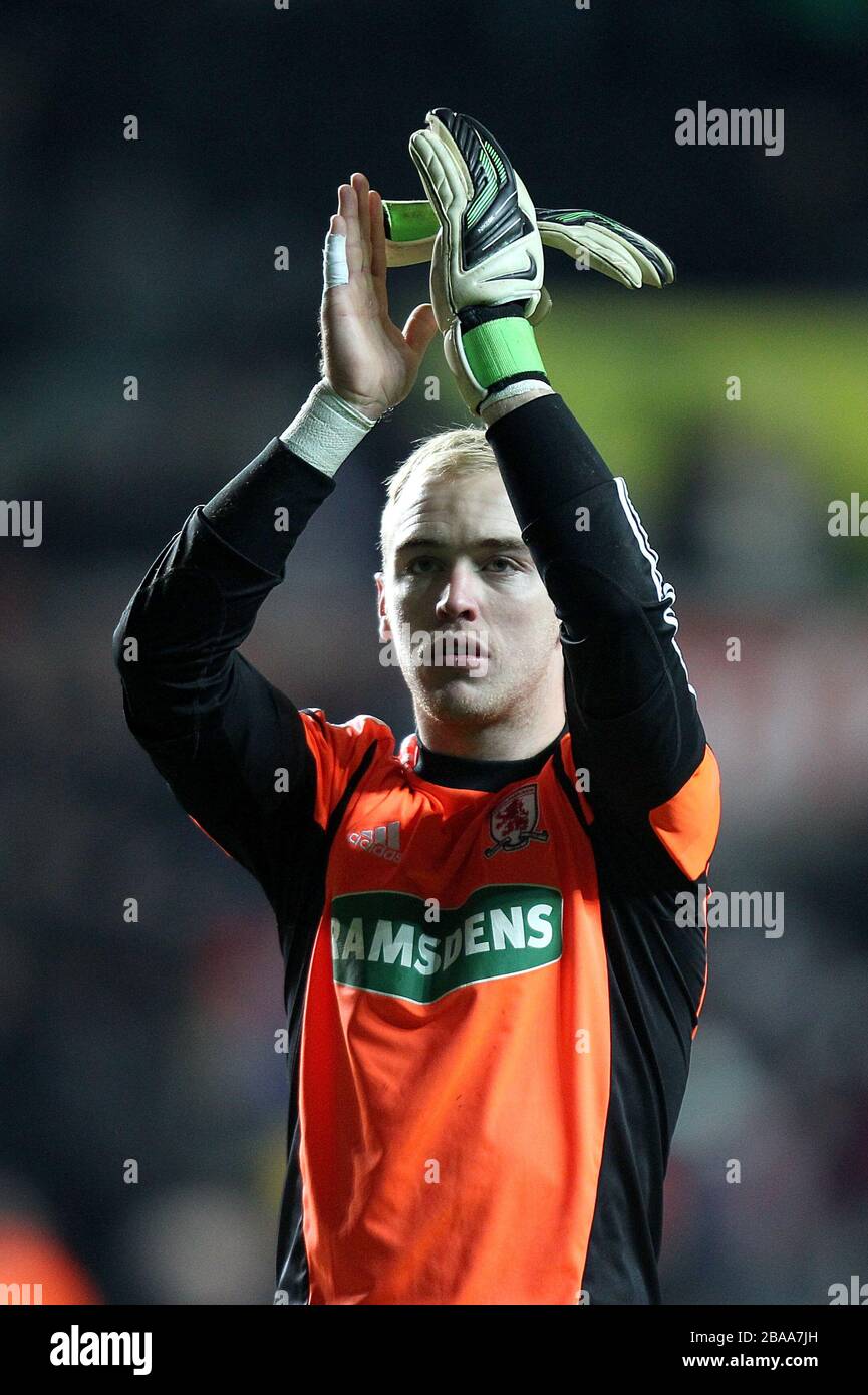 Middlesbrough goalkeeper Jason Steele appluads away fans after the ...