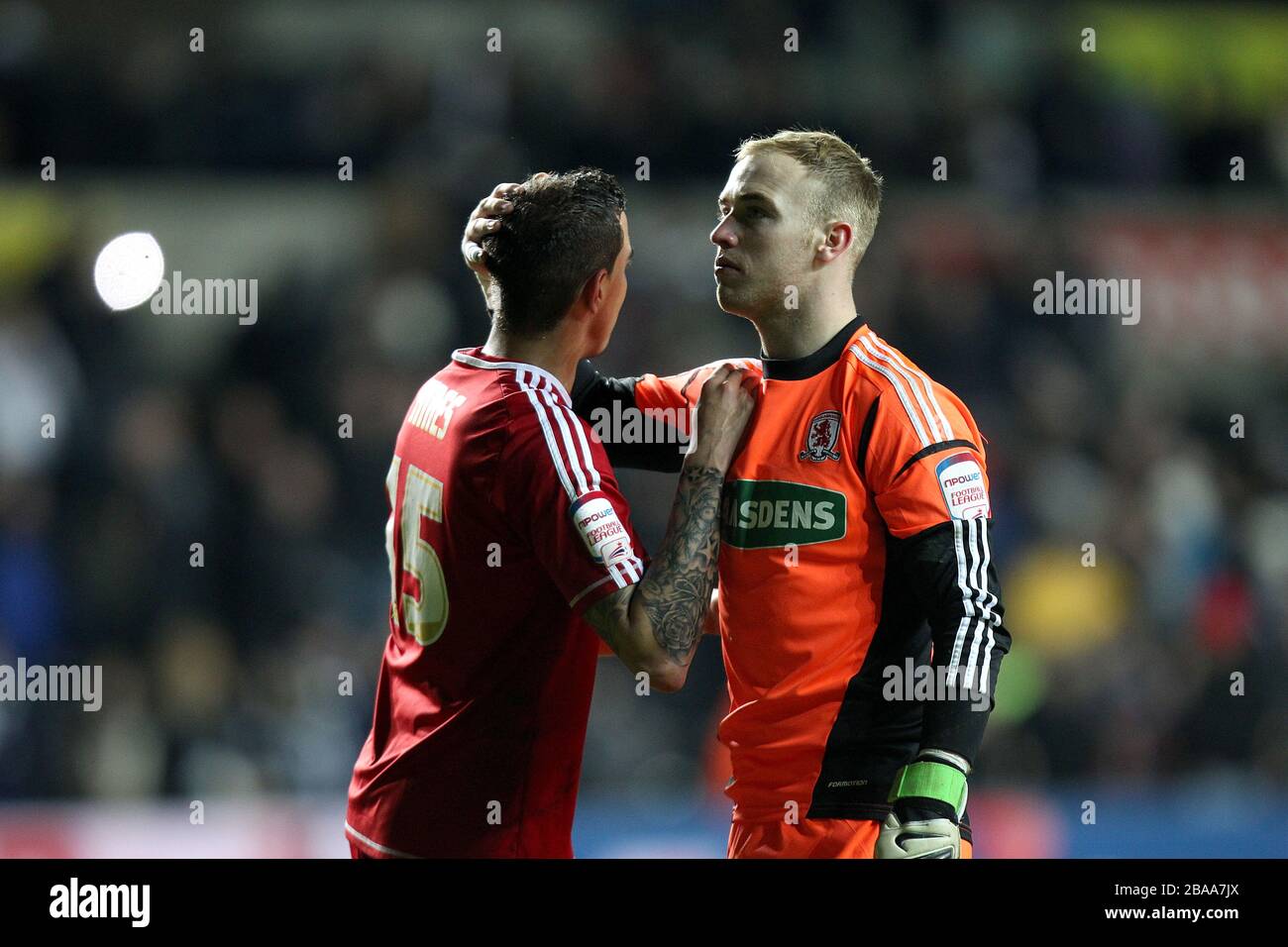 Middlesbrough goalkeeper Jason Steele (right) consoles teammate Seb ...