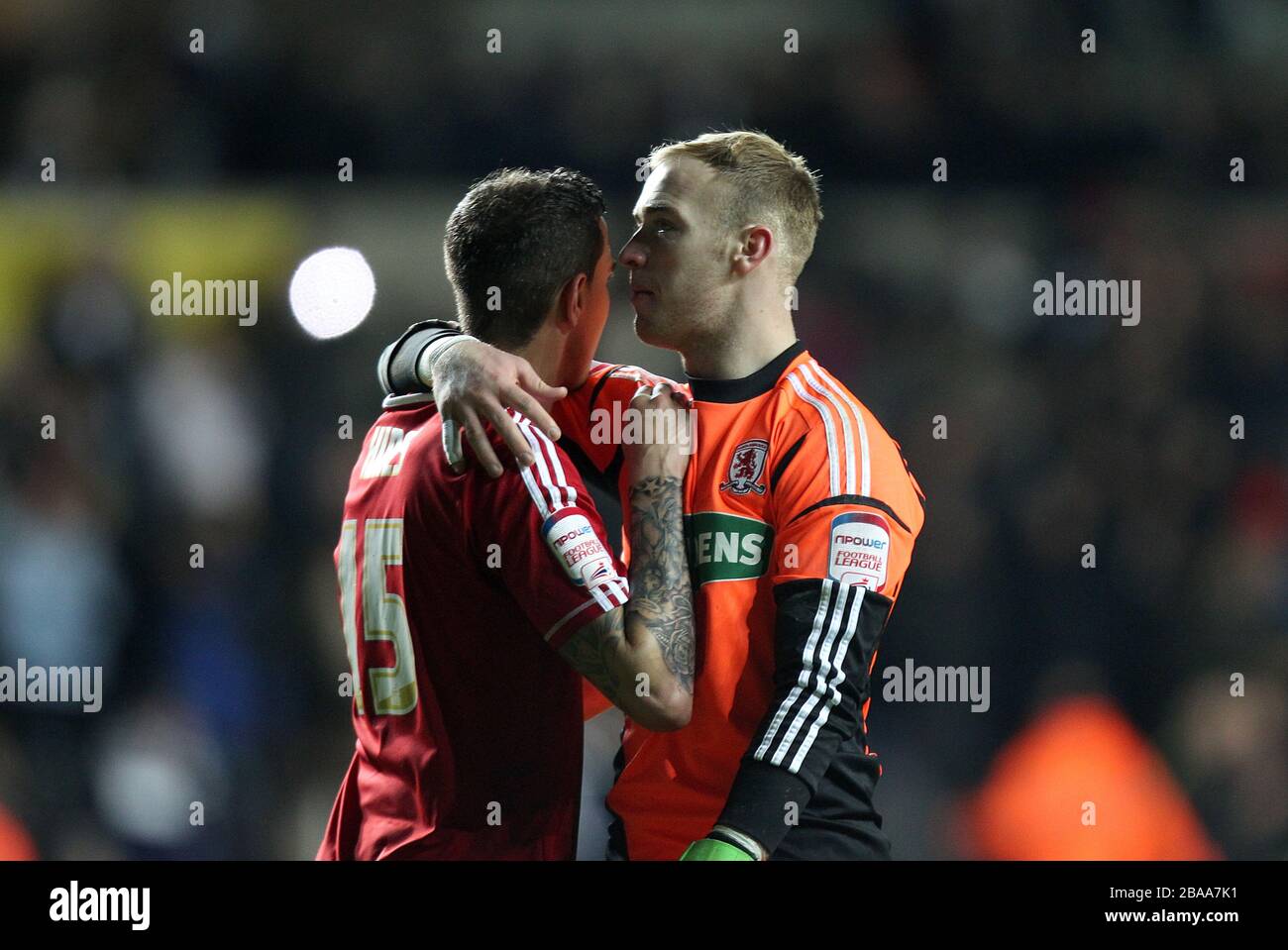 Middlesbrough goalkeeper Jason Steele (right) consoles teammate Seb ...