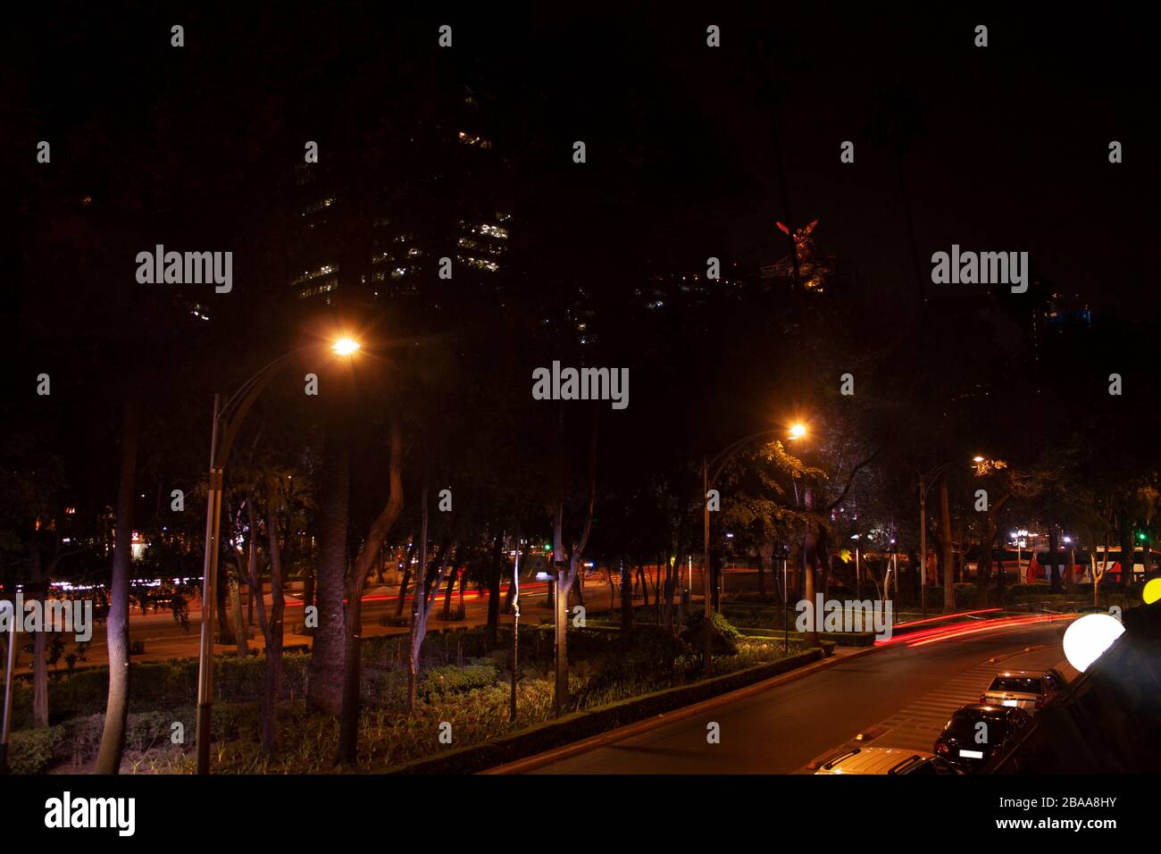 Mexico City streets lit with dim sweeps of moving lights in the city ...