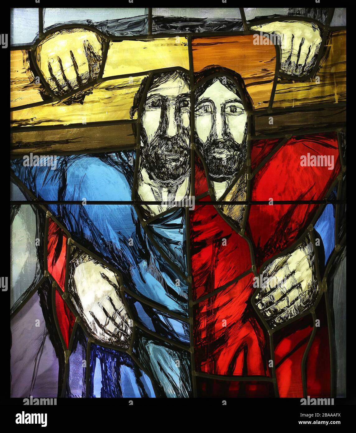 Simon of Cyrene carries the cross, stained glass window by Sieger Koder ...