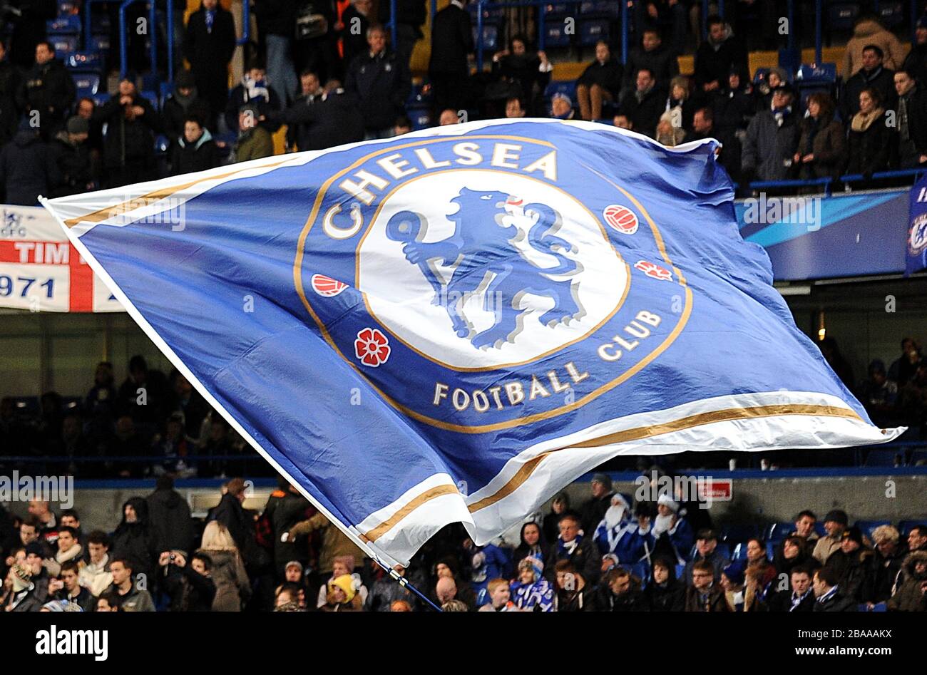 A large Chelsea flag is displayed on the pitch before kick-off Stock ...