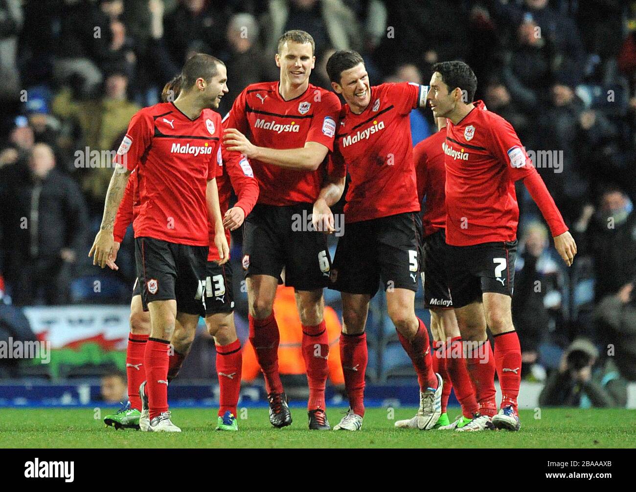 Cardiff City players celebrate their fourth goal scored by team-mate Bo ...