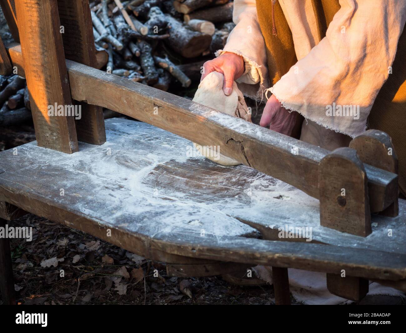 Bread making with an ancient and traditional wooden equipment Stock ...