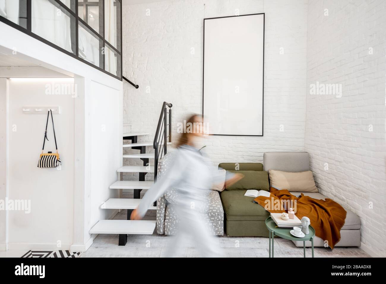 Interior view of the bright modern living room with a blurred in motion ...