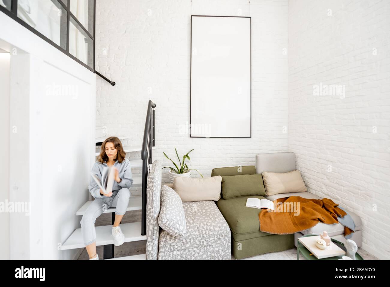 Interior view of the bright modern living room with a blurred in motion ...