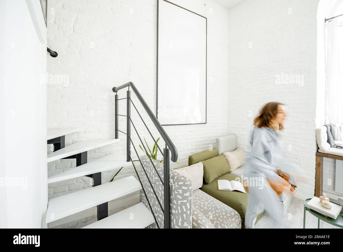 Interior view of the bright modern living room with a blurred in motion ...