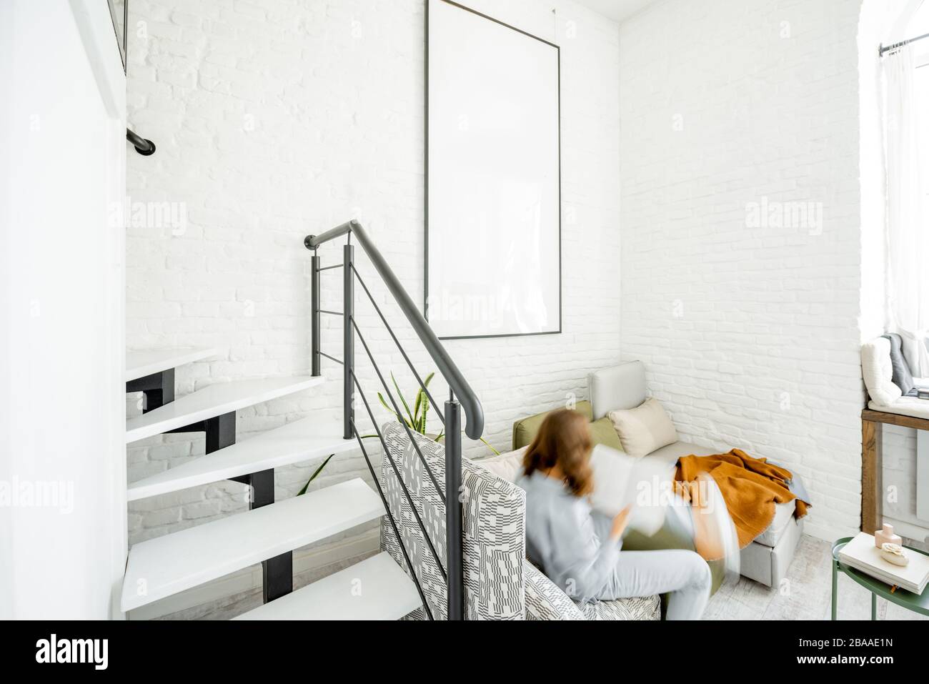 Interior view of the bright modern living room with a blurred in motion ...