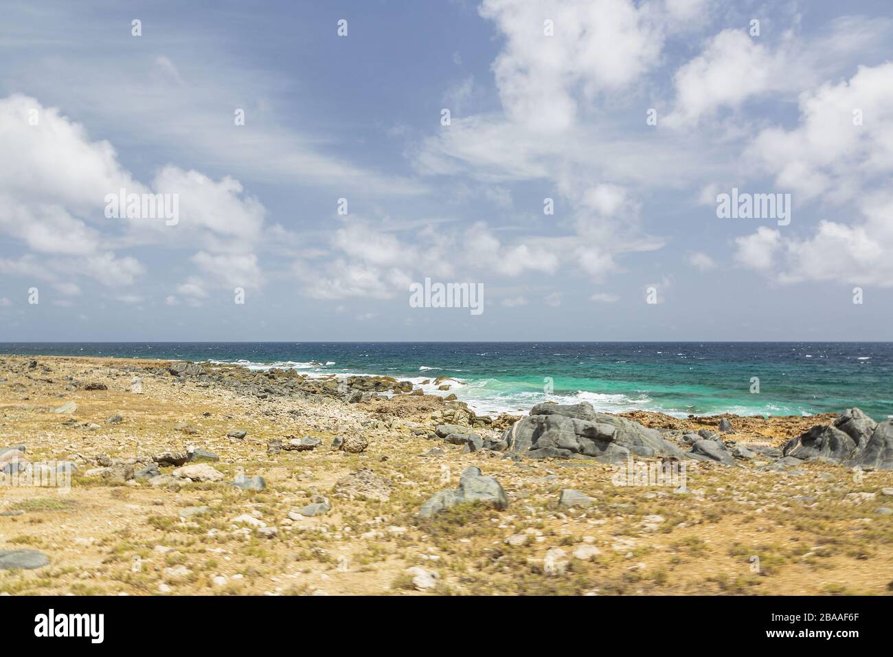 Natural beauty of Aruba. North coast. Amazing desert landscape and blue ...