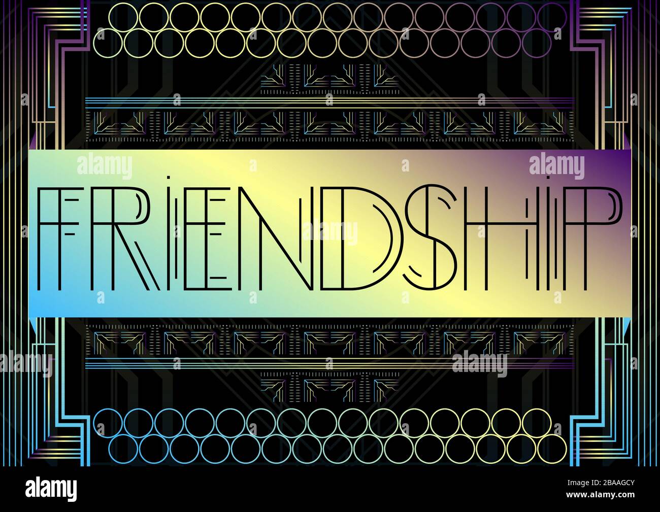 Art Deco Friendship text. Golden decorative greeting card, sign with ...