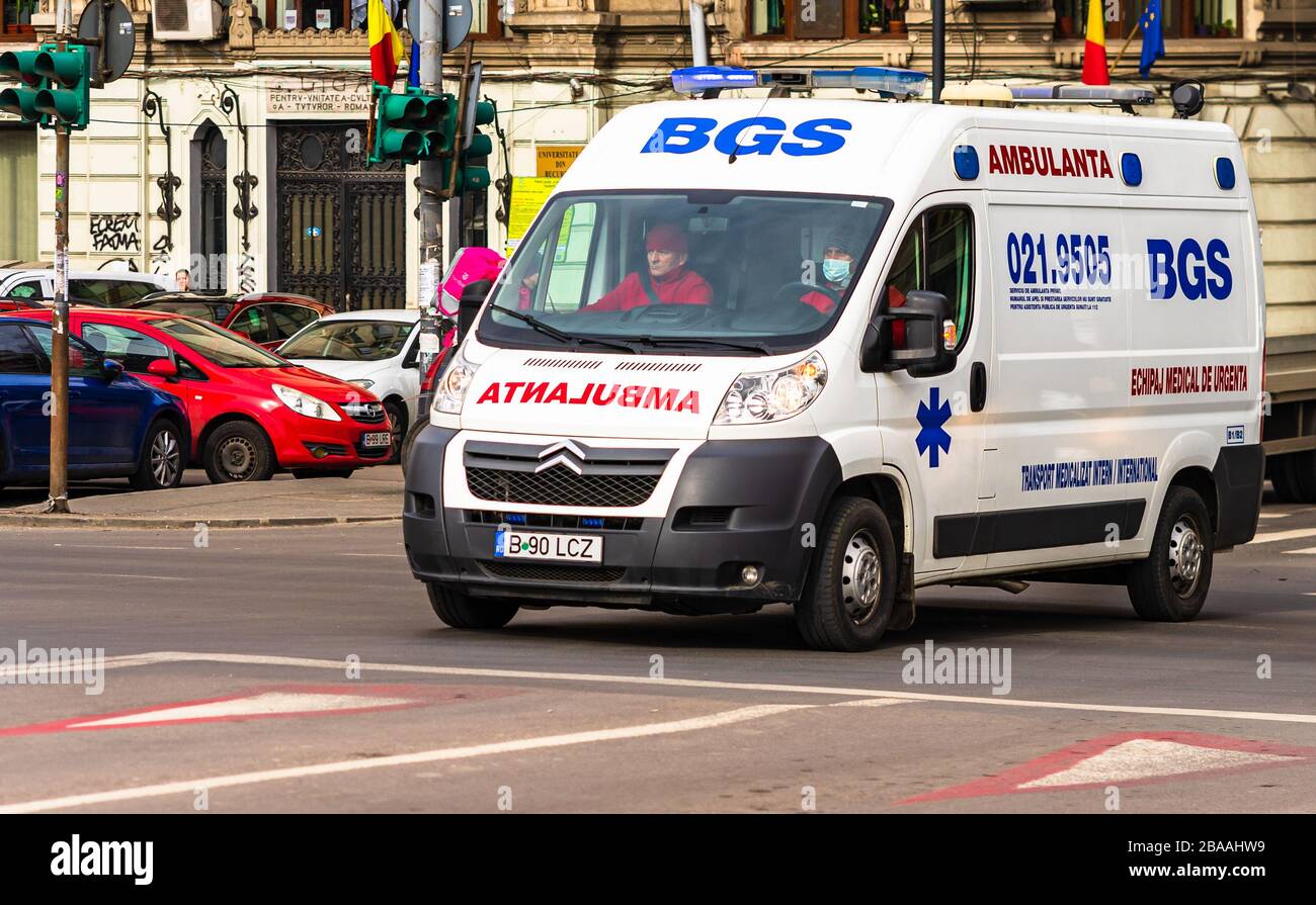 Romanian ambulance car, 911 or 112 emergency medical service in mission ...