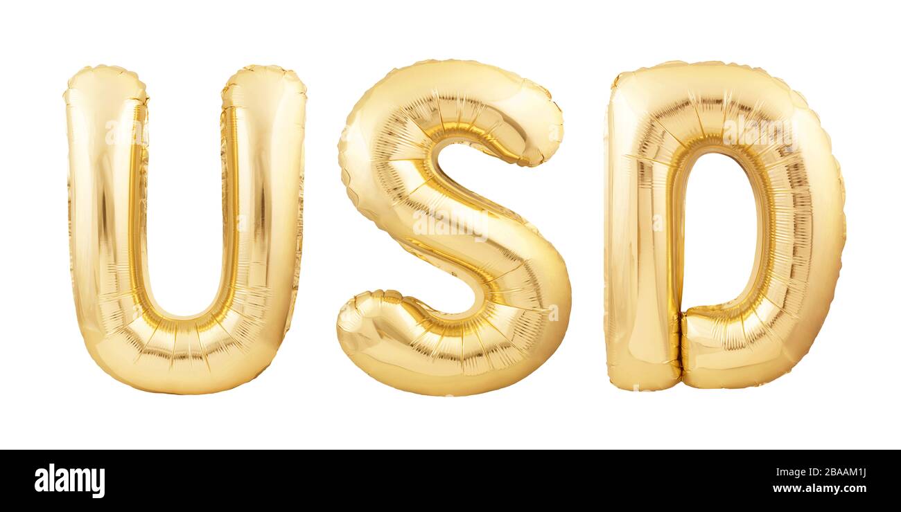 USD abbreviation for dollar made of golden inflatable balloons isolated ...