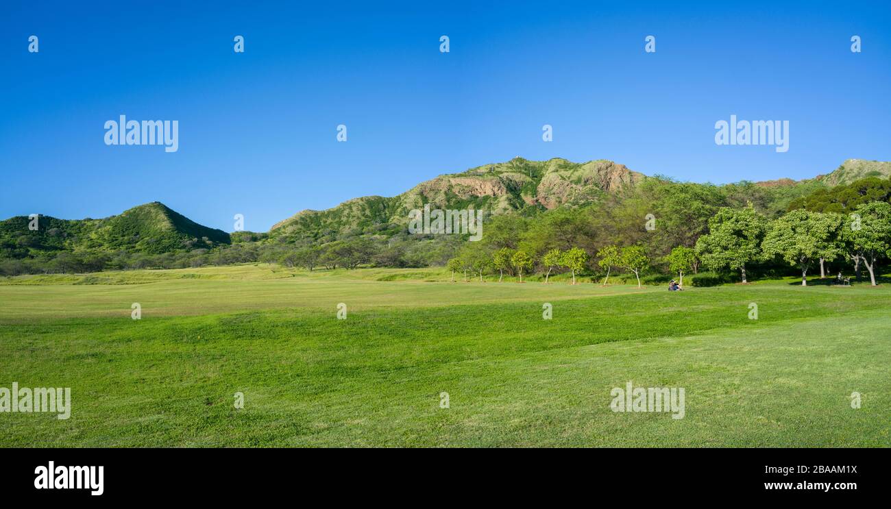 Panorama of Diamond Head State Monument and beginning of hike to summit ...