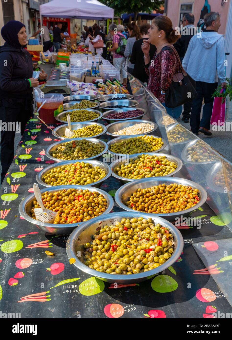 France, Cevennes National Park, Le Vigan, market day, olives Stock ...