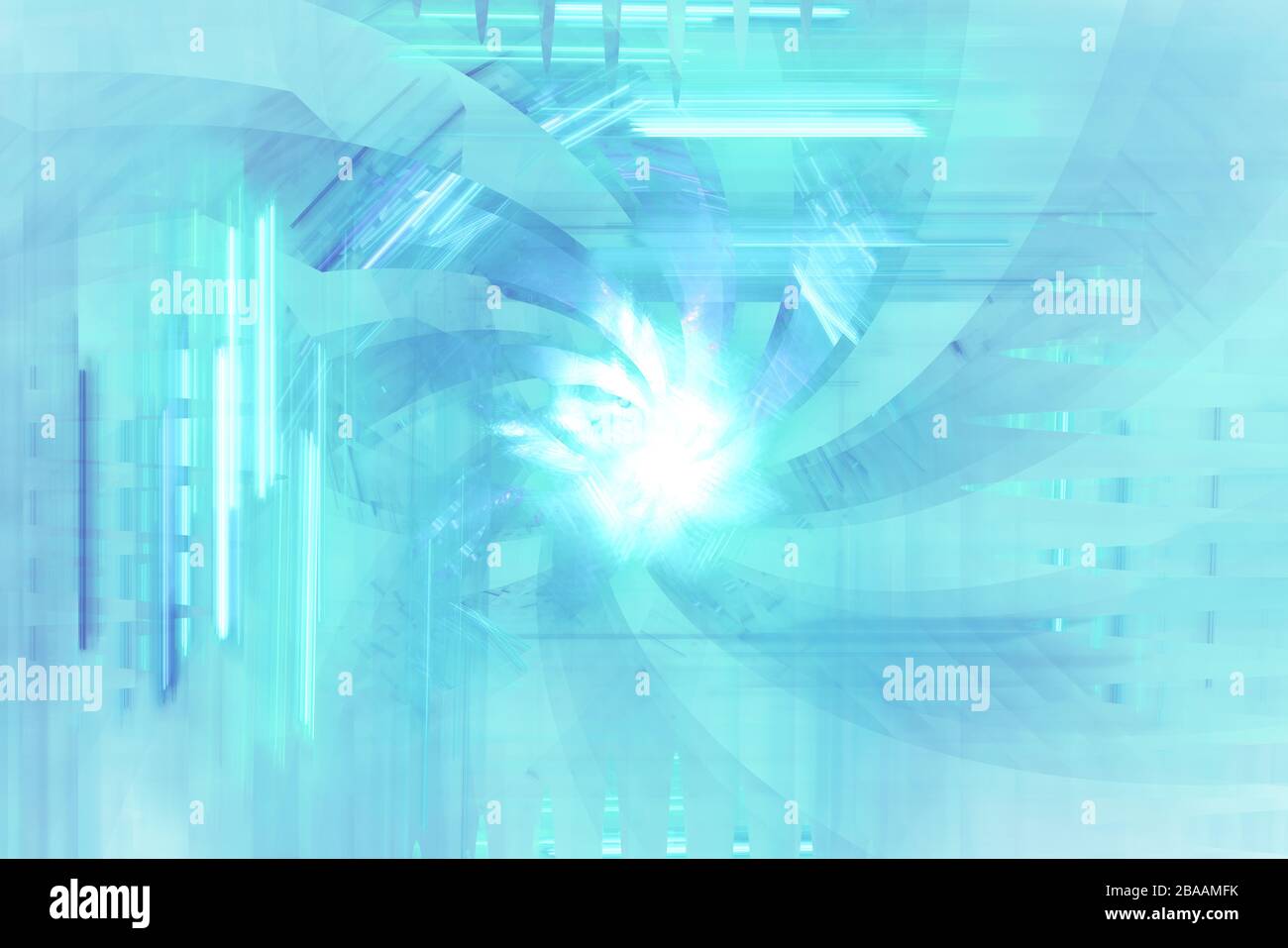 Neon glowing lines and shapes flying in the space. Geometric sci-fi structure. Abstract creative ...