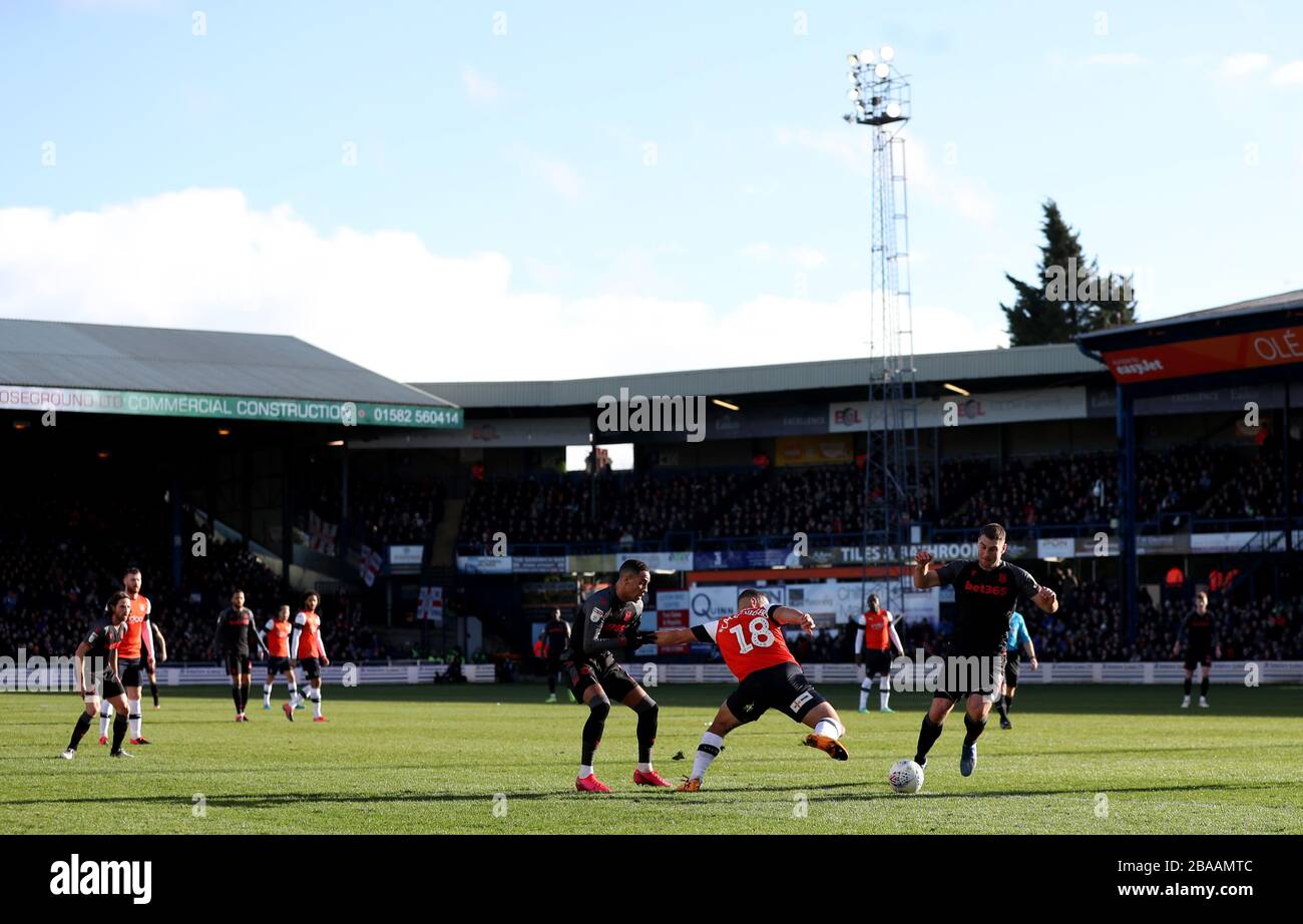 Stoke City's Sam Vokes in action with Luton Town's Cameron Carter ...